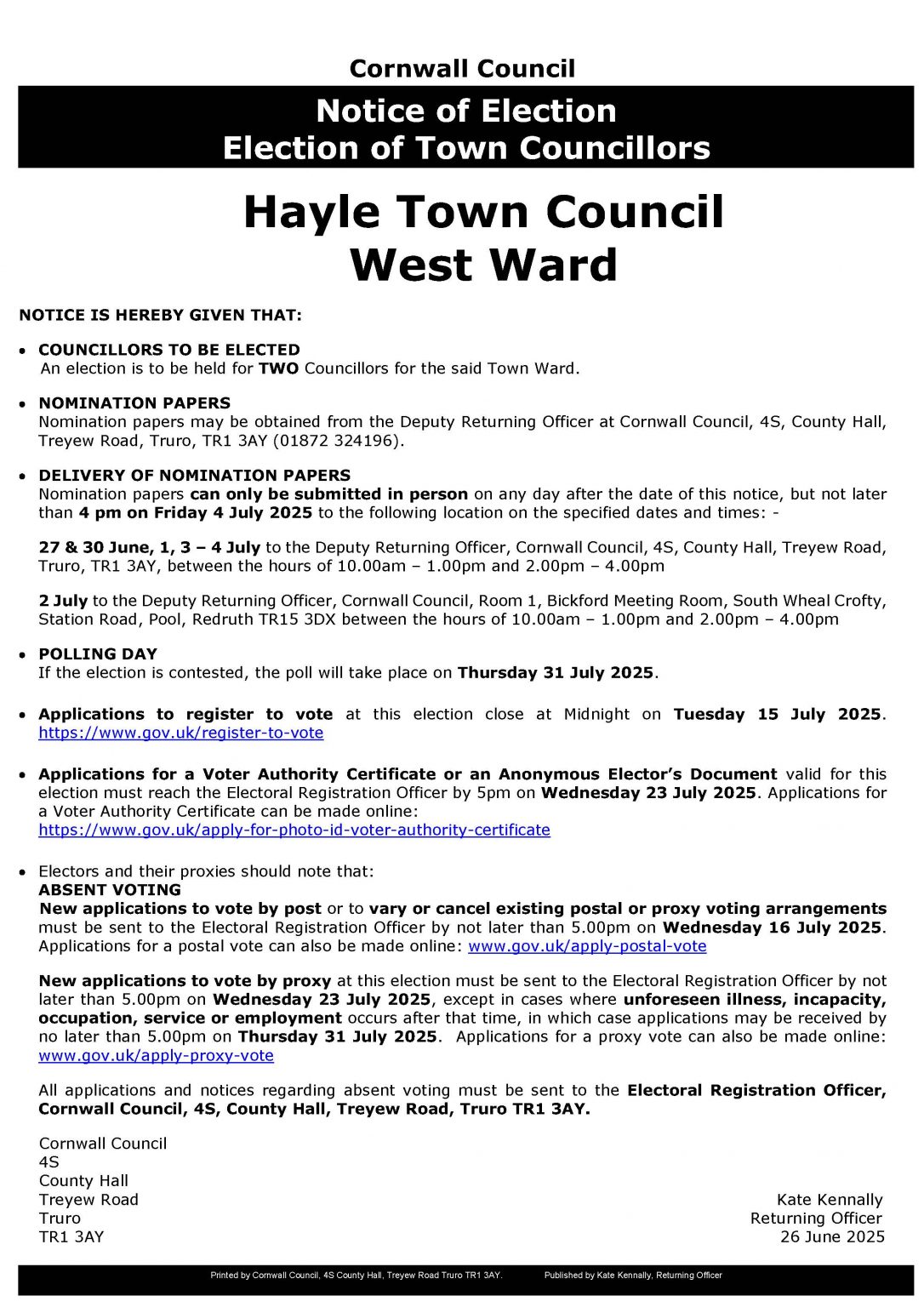NOTICE OF ELECTION | Hayle Town Council