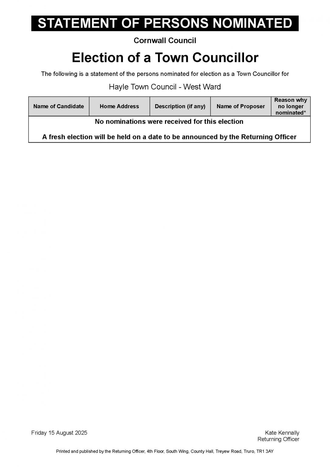 Statement of Persons Nominated for Election | Hayle Town Council