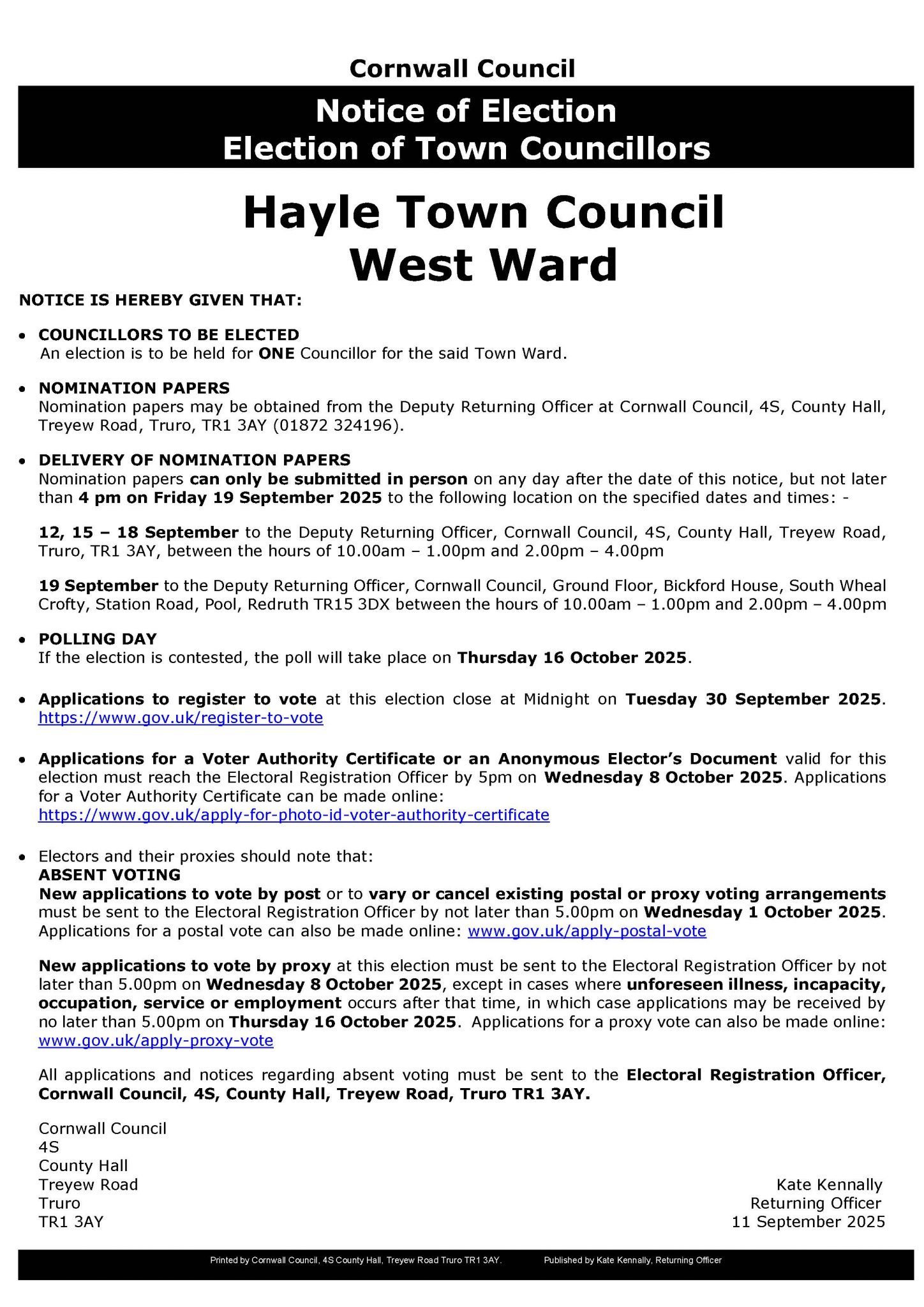 Notice of Election for 1 Councillor in the West Ward | Hayle Town Council