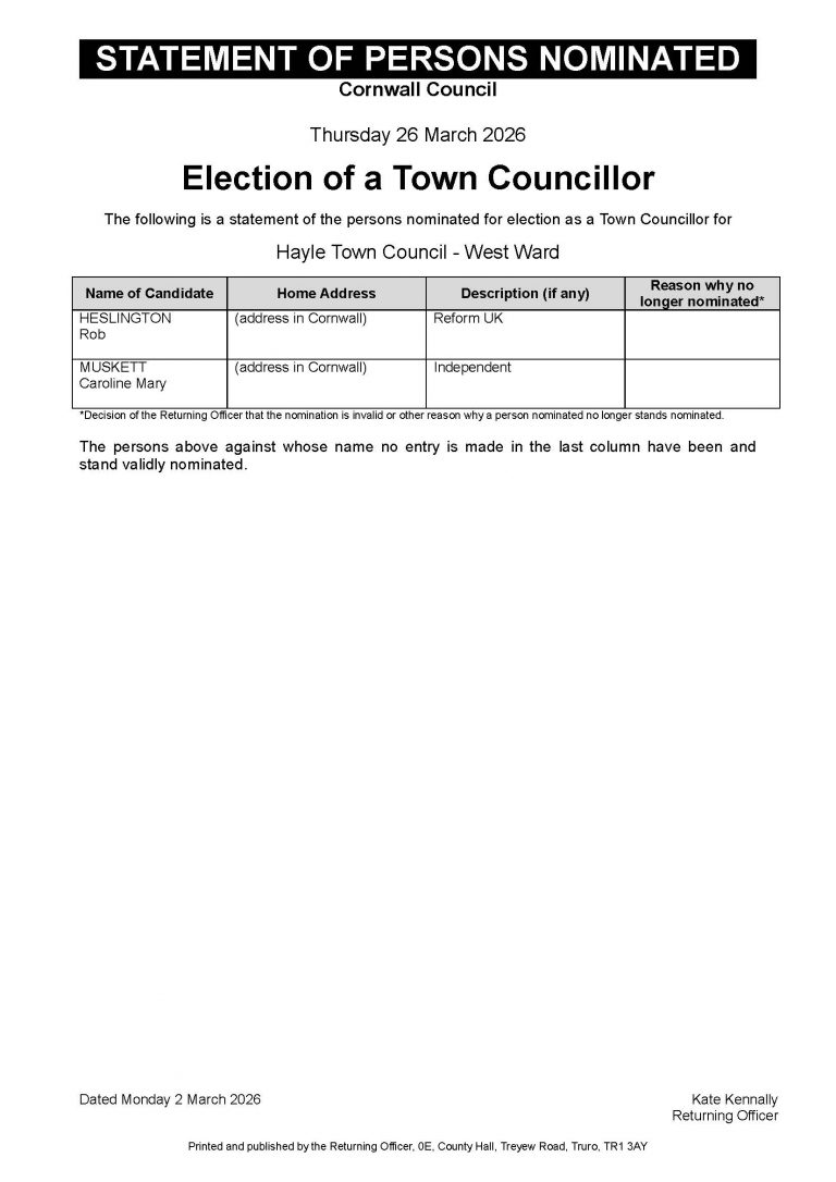 NOTICE OF ELECTION FOR 1 SEAT IN THE WEST WARD | Hayle Town Council